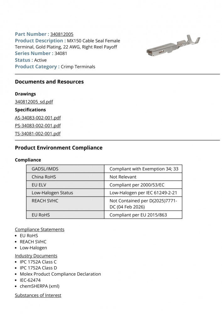 Technical document page 1 for MOLEX 340812005
