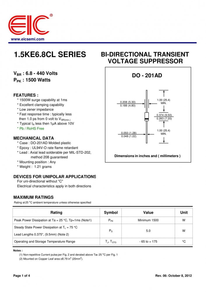 EIC 1.5KE16CAL datasheet page 1