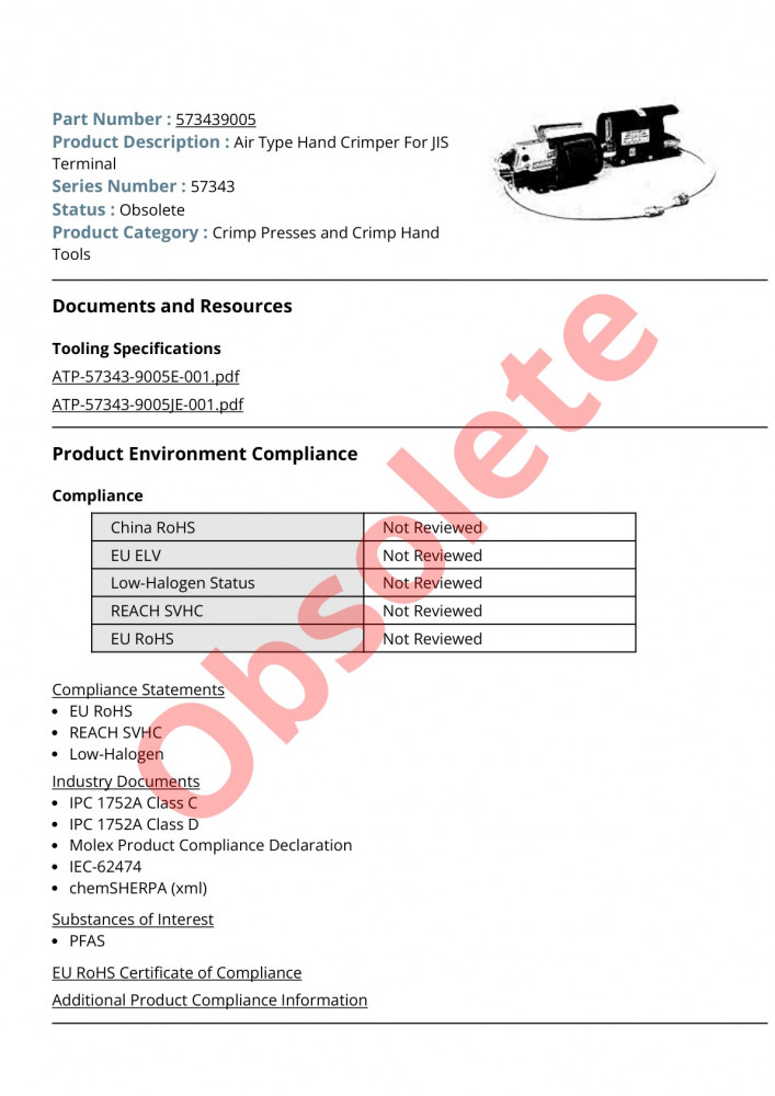 Tooling specification document image 1 for Molex 573439005