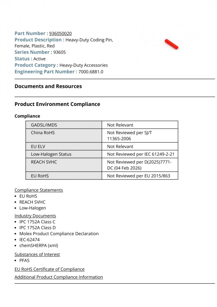 Technical document image 1 for Molex 936050020