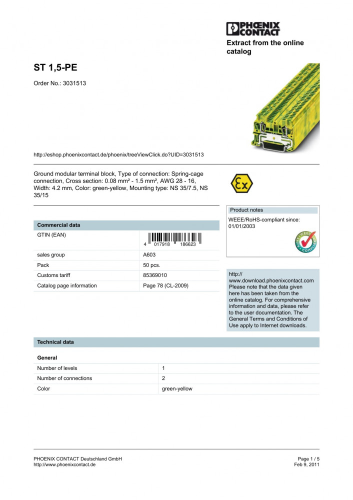 Phoenix Contact ST 1,5-PE 3031513 technical document page 1