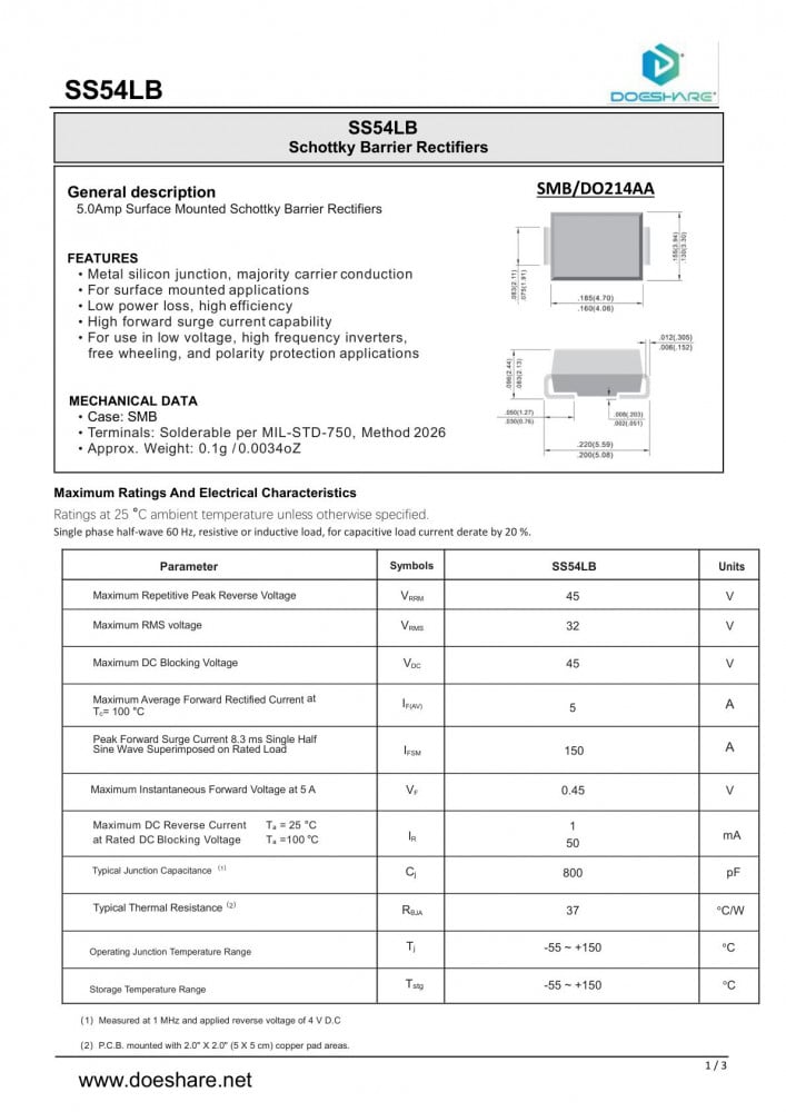 SS54LB datasheet page 1