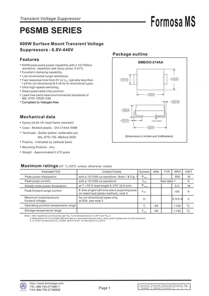 FMS P6SMB series datasheet page 1