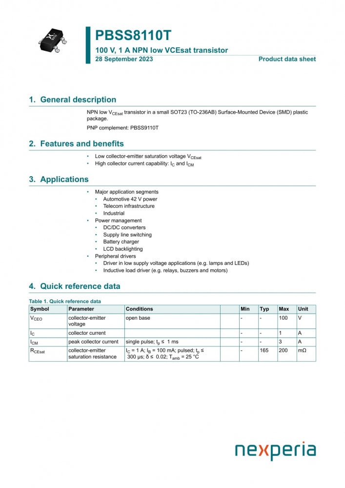 PBSS8110T datasheet page 1