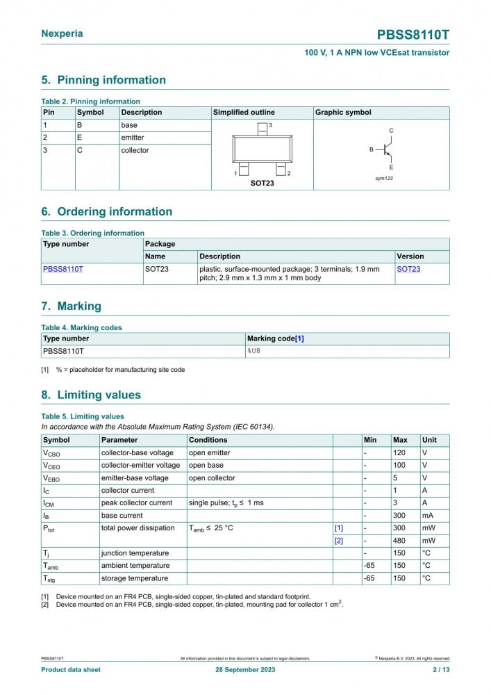 PBSS8110T datasheet page 2