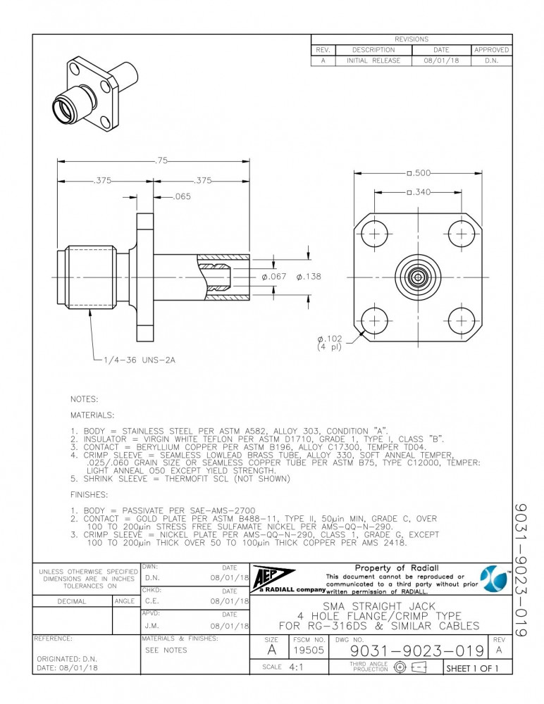 Radiall 9031-9023-019 drawing page