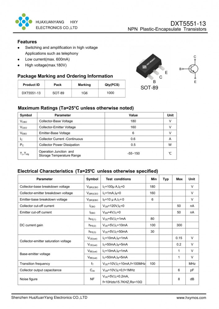 DXT5551-13-HXY datasheet page 1