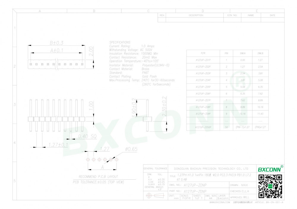 BXCONN A127UP-ZD10P technical drawing