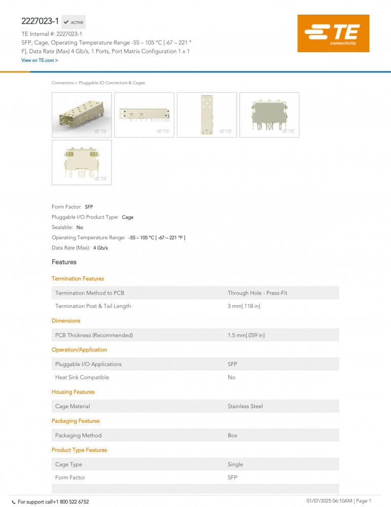 TE Connectivity 2227023-1 technical document page 1