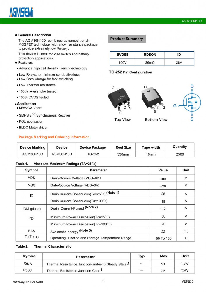 AGM30N10D datasheet page 1