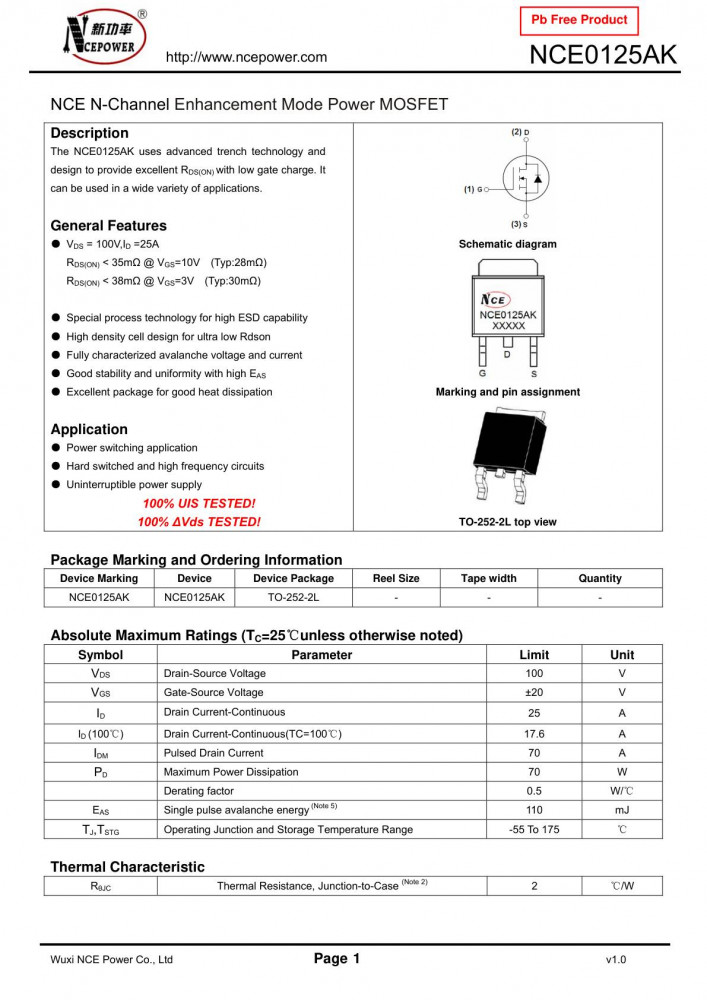 NCE0125AK datasheet page 1