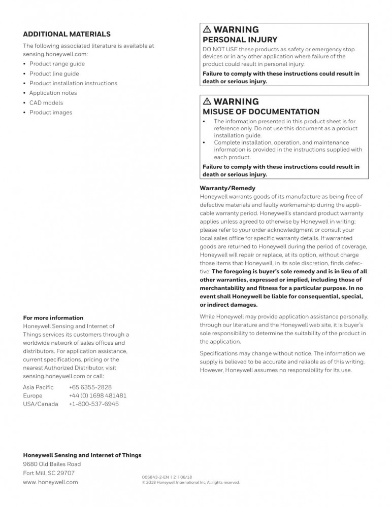 Honeywell SS490 Series datasheet page 8