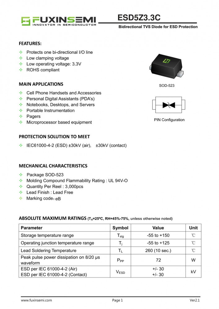 ESD5Z3.3C datasheet page 1