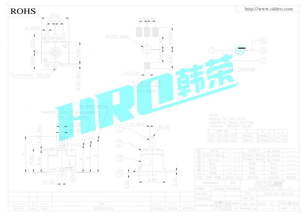 K5-1611SA-01 detector switch technical drawing