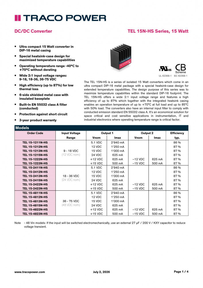 TEL 15-1211N-HS technical document page 1