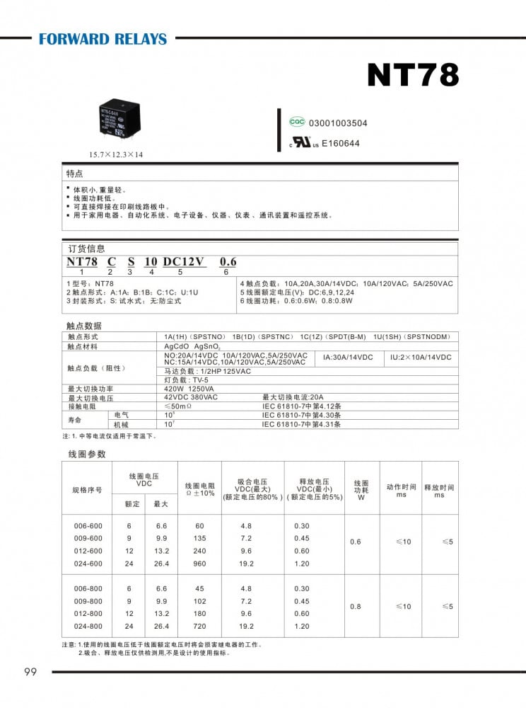 NT78 relay datasheet page 1