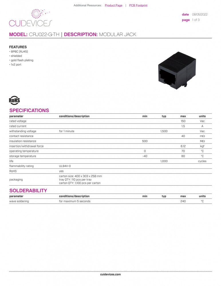 CRJ022-G-TH datasheet page 1