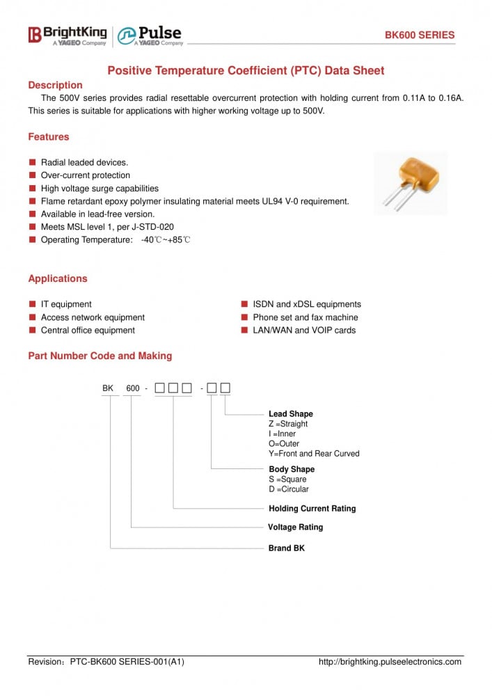 BK600 series datasheet page 1