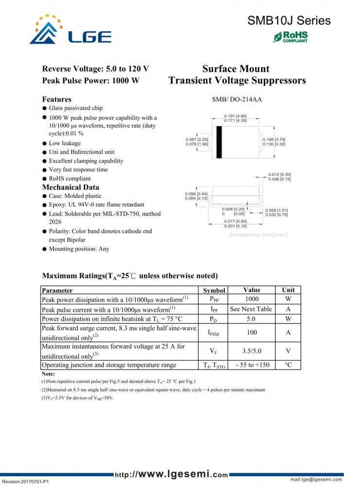 LGE SMB10J15CA datasheet page 1