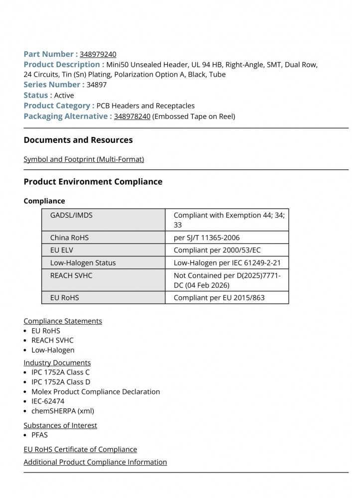 MOLEX Mini50 connector document image, page 1