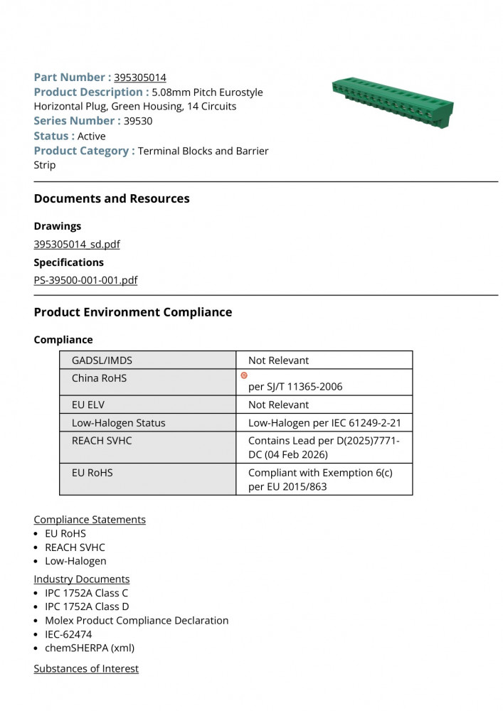 MOLEX 395305014 technical document page 1
