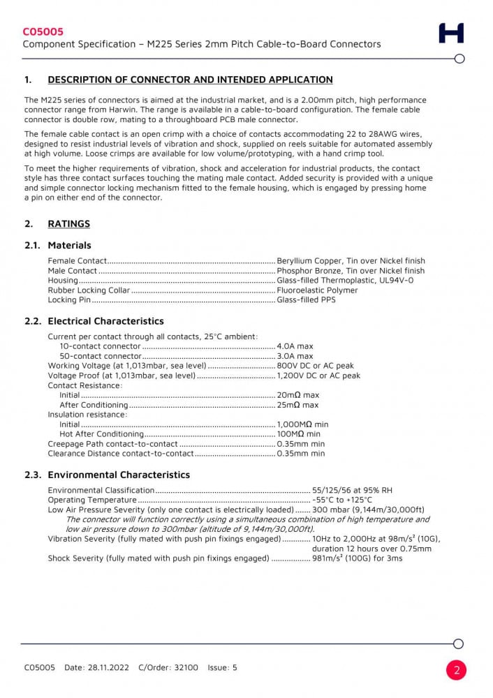 Harwin M225 Series specification page 2
