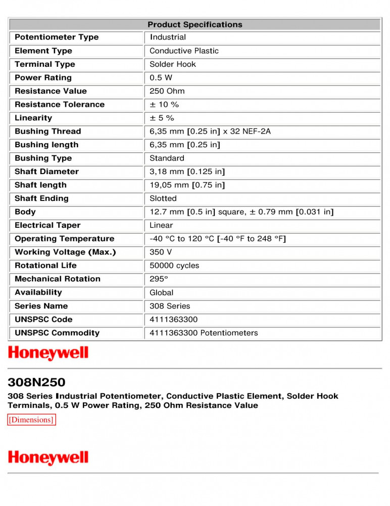 Honeywell 308N250 technical document page 2