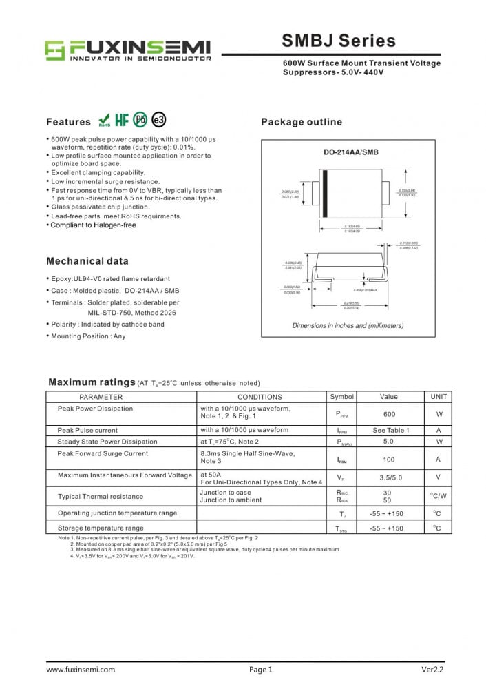 FUXINSEMI SMBJ series datasheet page 1