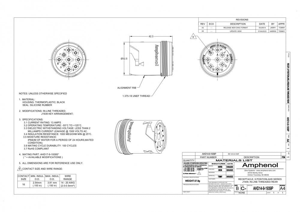 Amphenol AHD14-9-1939P technical drawing
