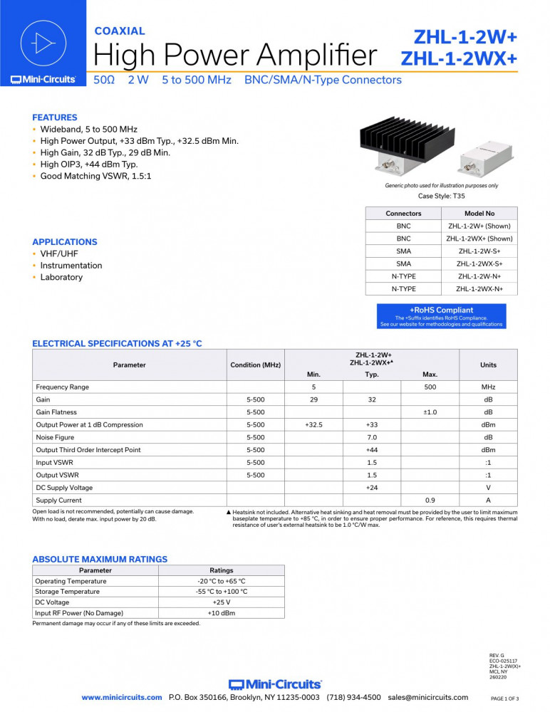 ZHL-1-2WX-S+ technical document page 1