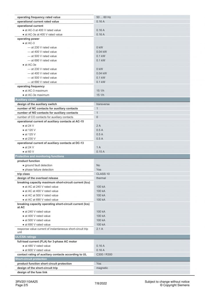 3RV20110AA25 technical document page 2