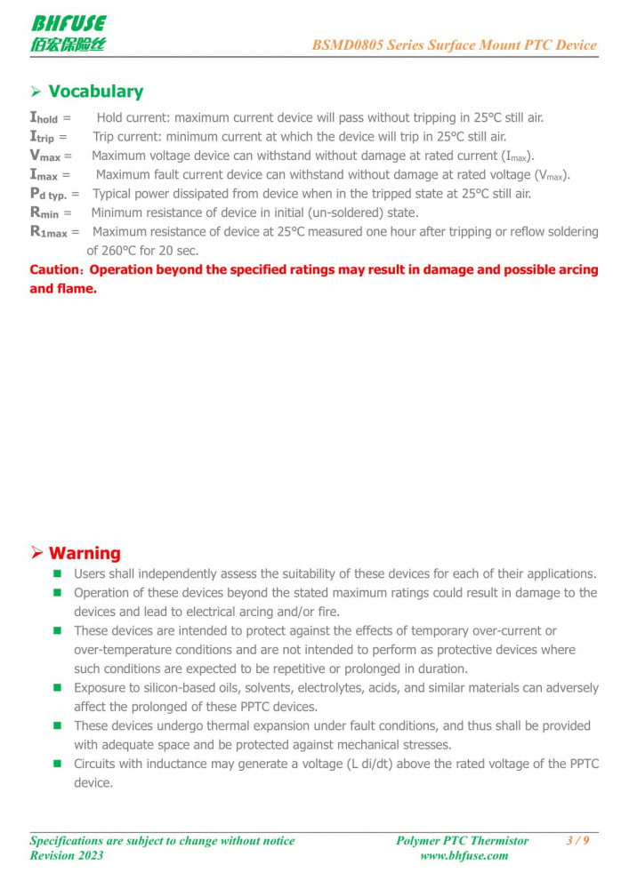 BHFUSE BSMD0805 PPTC datasheet page 3