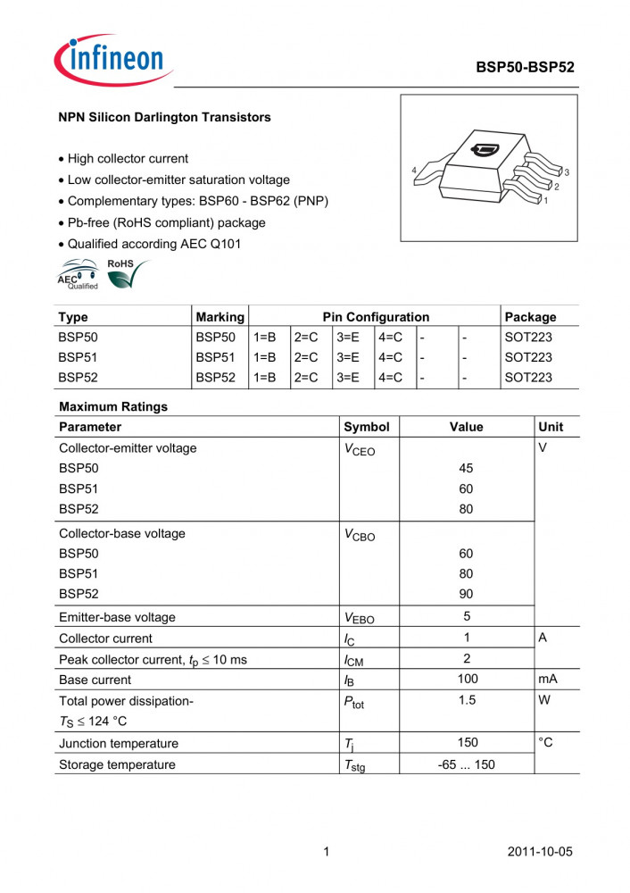 BSP52 datasheet page 1