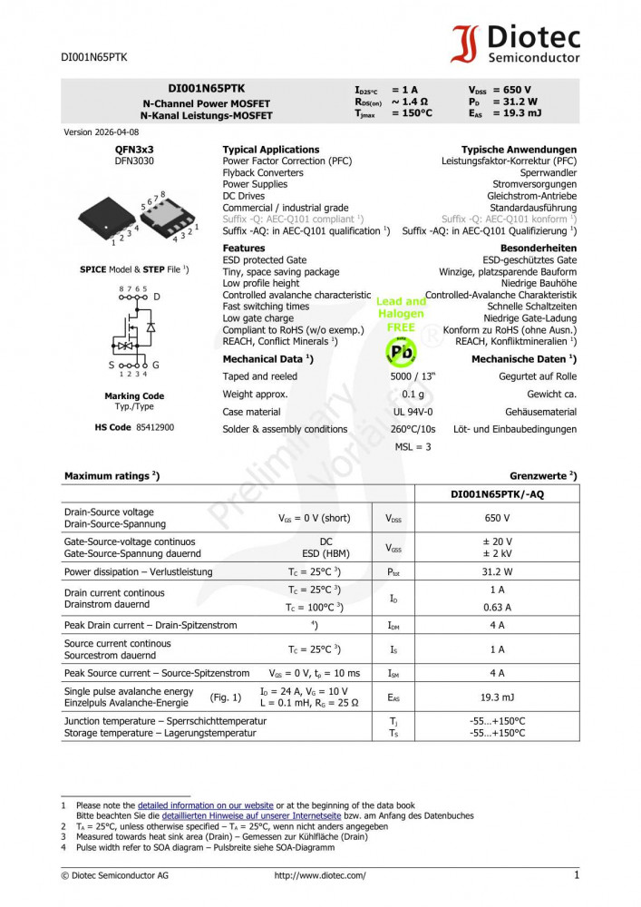 DI001N65PTK-AQ datasheet page 1