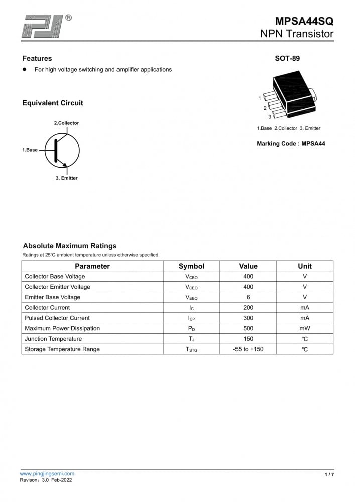 MPSA44SQ datasheet page 1