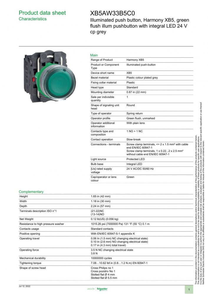 XB5AW33B5C0 technical document page 1