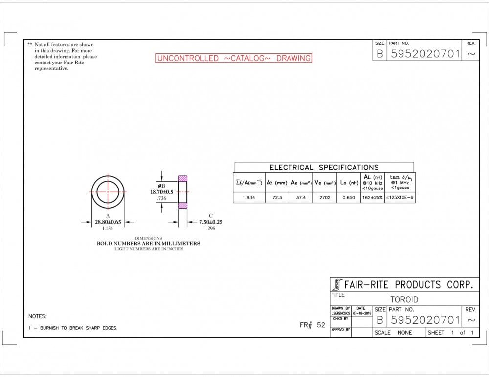 Fair-Rite 5952020701 technical drawing
