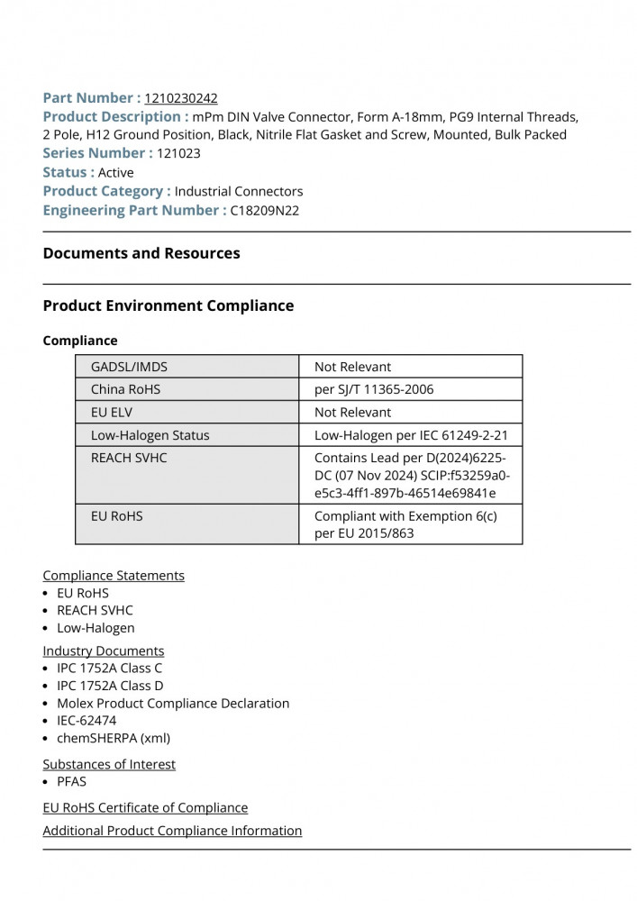 Molex C18 DIN valve connector qualification document, page preview 1