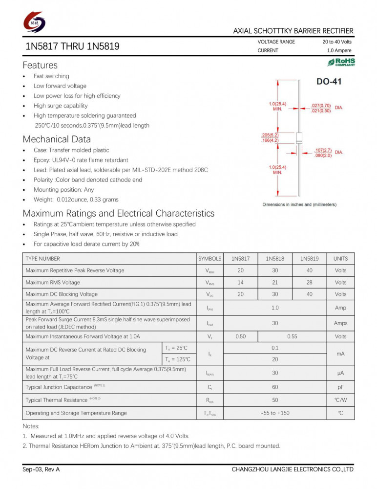 LangJie 1N5819 datasheet page 1