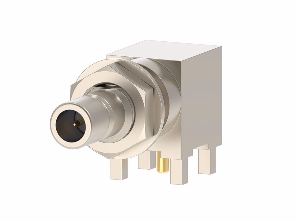FAKRA Jack, Right-Angle, PCB Receptacle, Through Hole, Die Cast Body, Tin (Sn) Plated, Keying Code F, Brown, 50 Ohms