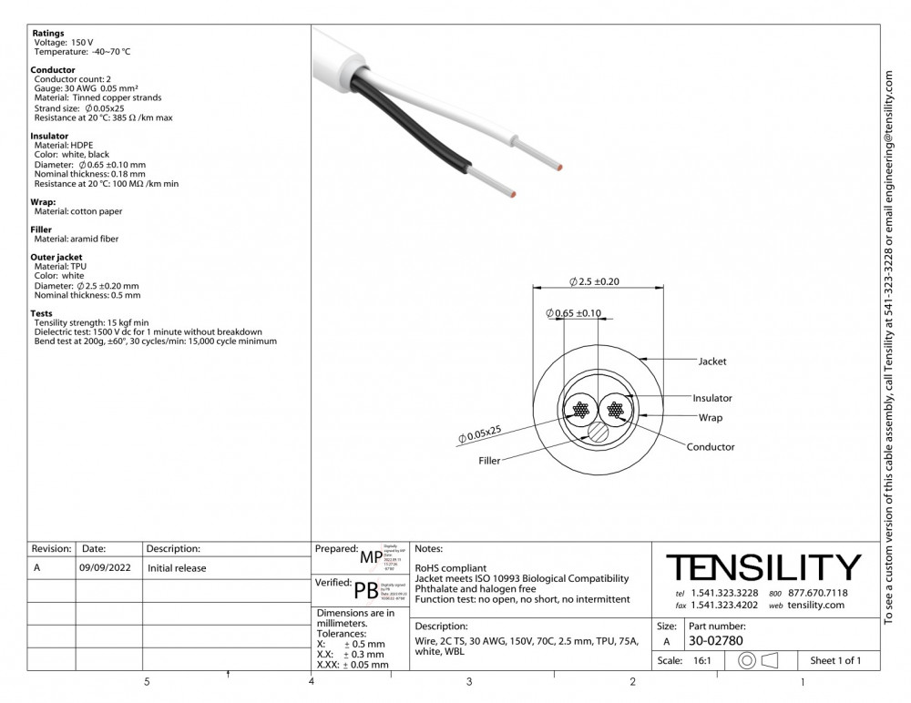Tensility International 30-02780 cable specification drawing