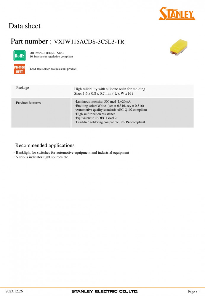 STANLEY VXJW115ACDS-3C5L3-TR datasheet, page 1
