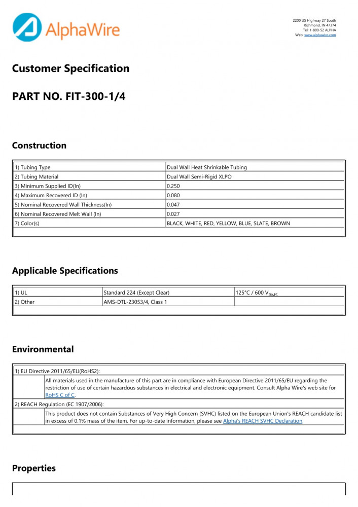 Alpha Wire FIT-300-1/4 technical specification page 1