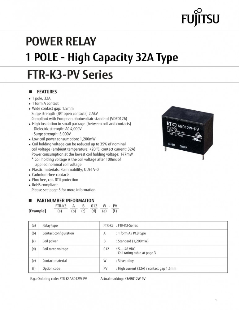 FTR-K3-PV datasheet page 1