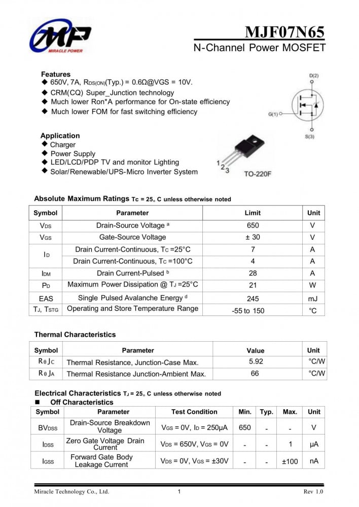 MJF07N65 datasheet page 1