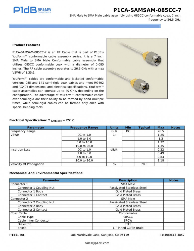 Product specification document page for P1CA-SAMSAM-085CC-7
