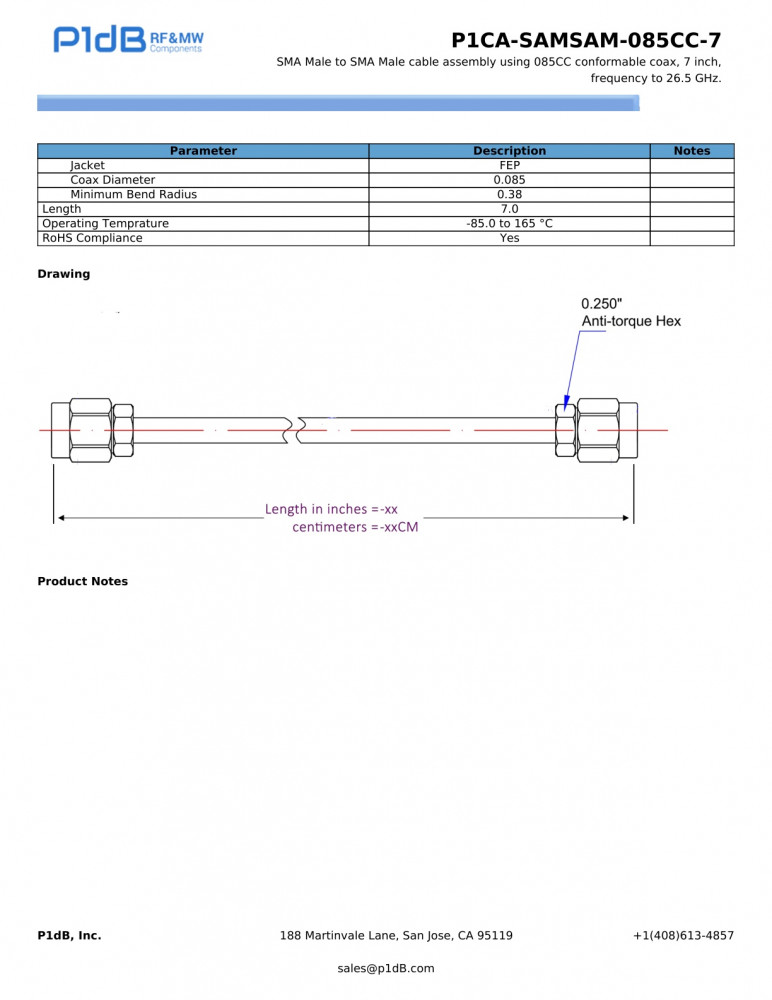 Product drawing document page for P1CA-SAMSAM-085CC-7