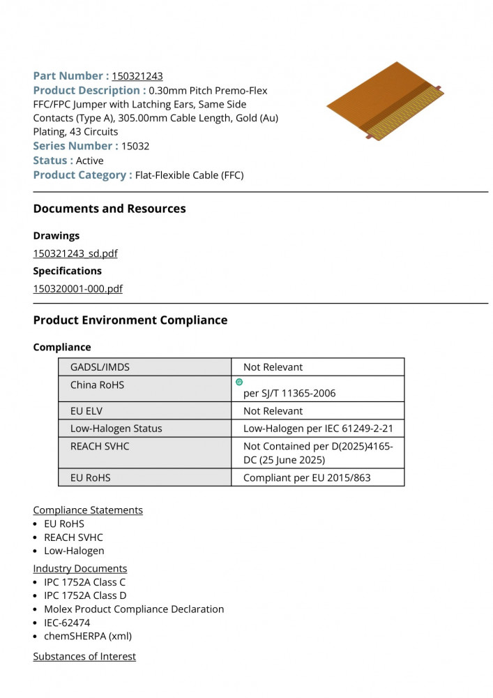 Molex 0.30 mm pitch FFC specification, page 1