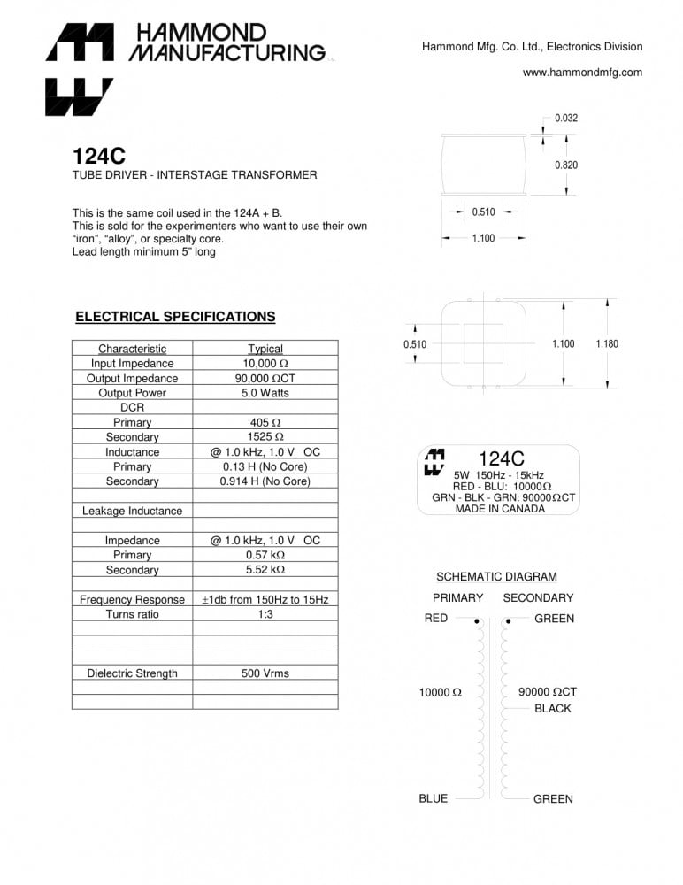 Hammond 124C electrical specifications document page
