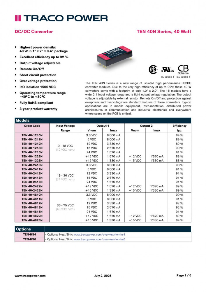 TEN 40N Series technical document, page 1